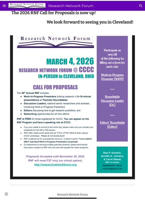 CFP: 2026 Research Network Forum at CCCC in Cleveland – WPA-Announcements